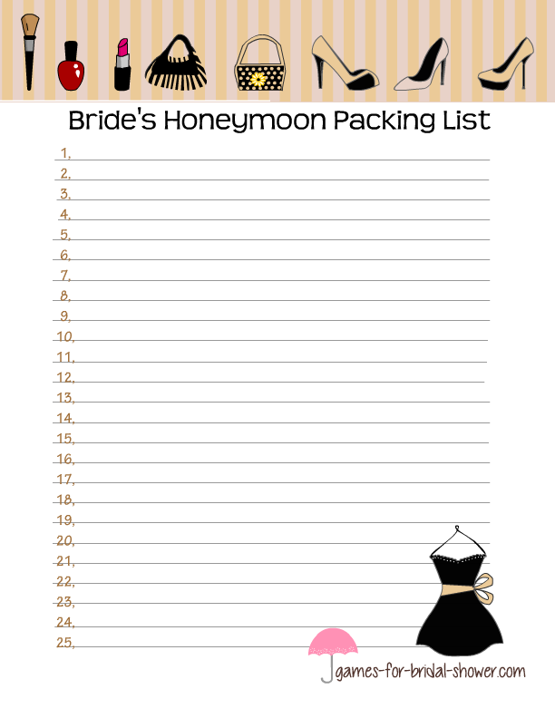 Free Printable Bride s Honeymoon Packing List Game Free Printable Bride s Honeymoon Packing List Game