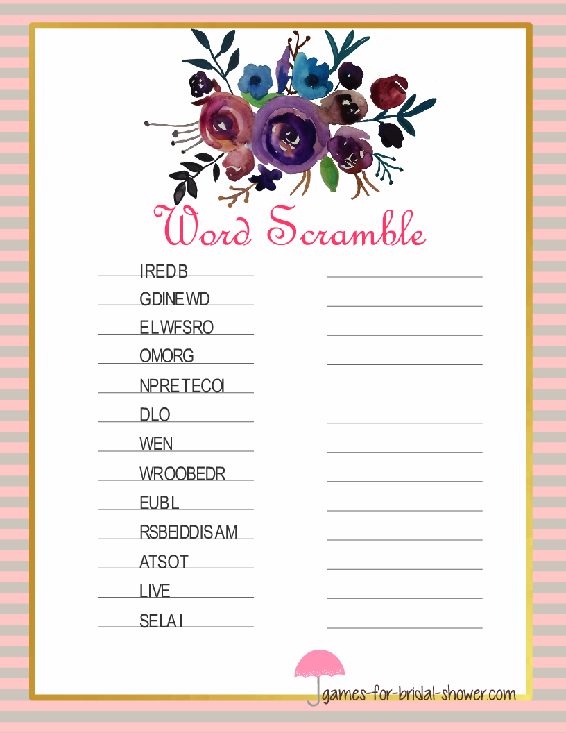 Free Printable Bridal Shower Word Scramble Game Free Printable Bridal Shower Word Scramble Game